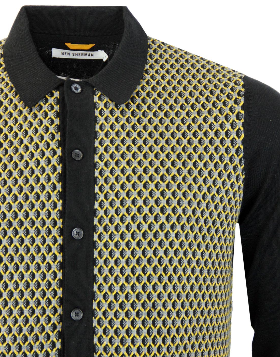 BEN SHERMAN Retro 60s Mod Geo Pattern Polo Cardigan in Black
