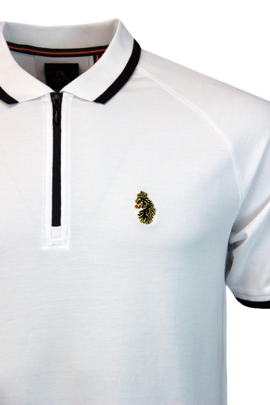 LUKE 1977 Oscar Gardner Retro 60s Zip Placket Polo in White/BLack