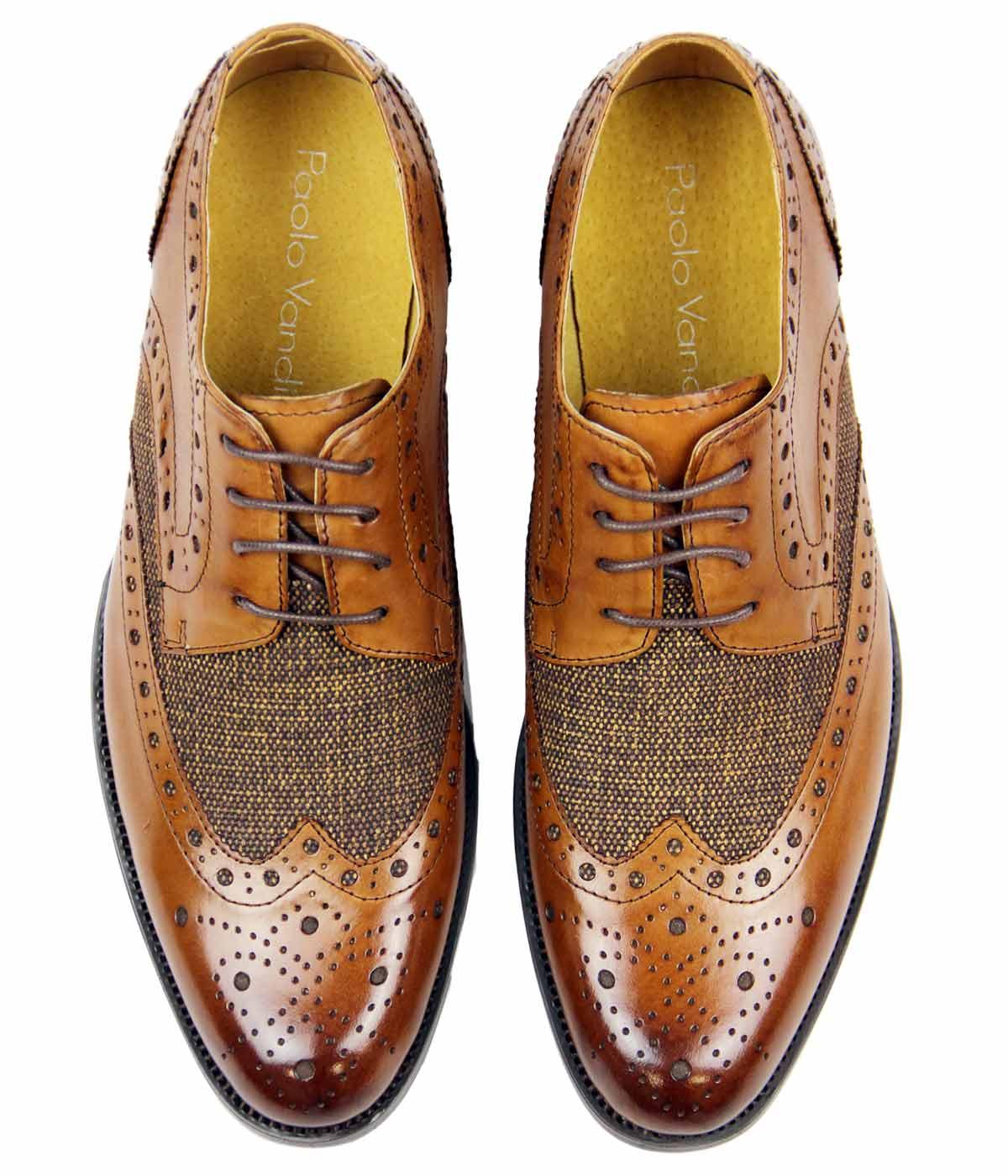 PAOLO VANDINI Retro 60s Mod Tweed Panel Wingtip Brogues in Brown