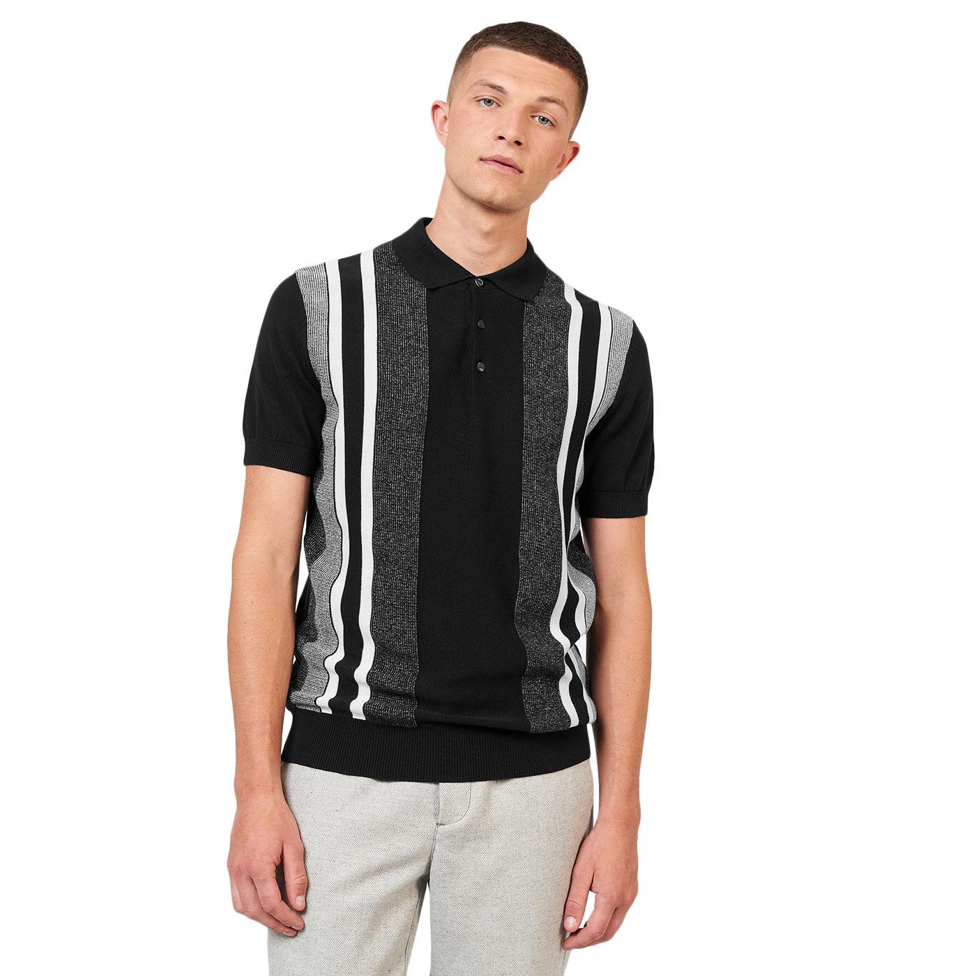 Ben Sherman Retro Birdseye Stripe Knitted Polo Shirt in Black