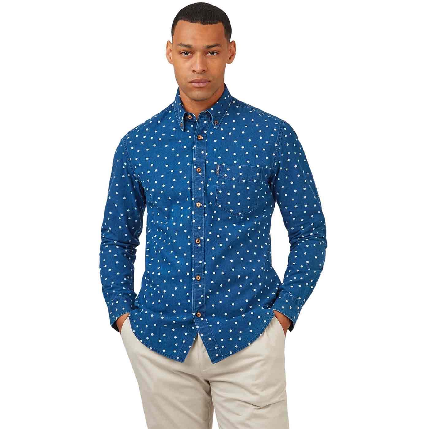 BEN SHERMAN Retro Indigo Spot Button Down Shirt Dark Blue