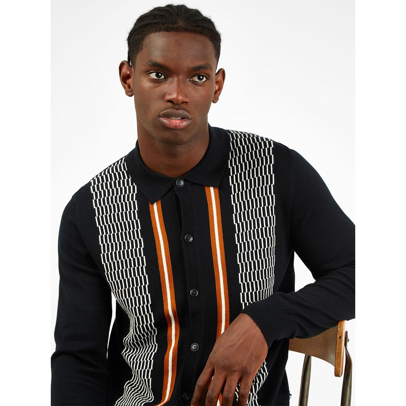 BEN SHERMAN Retro Mod 60s Check Polo Cardigan in Black