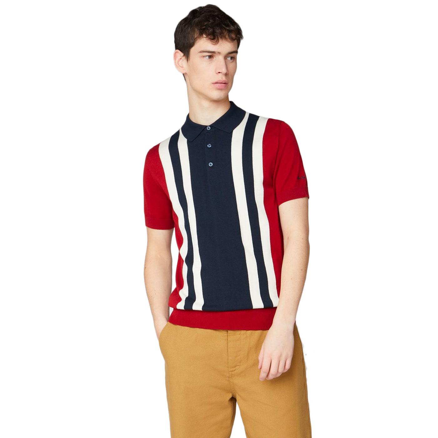 BEN SHERMAN 60s Mod Stripe Knit Colour Block Polo in Red