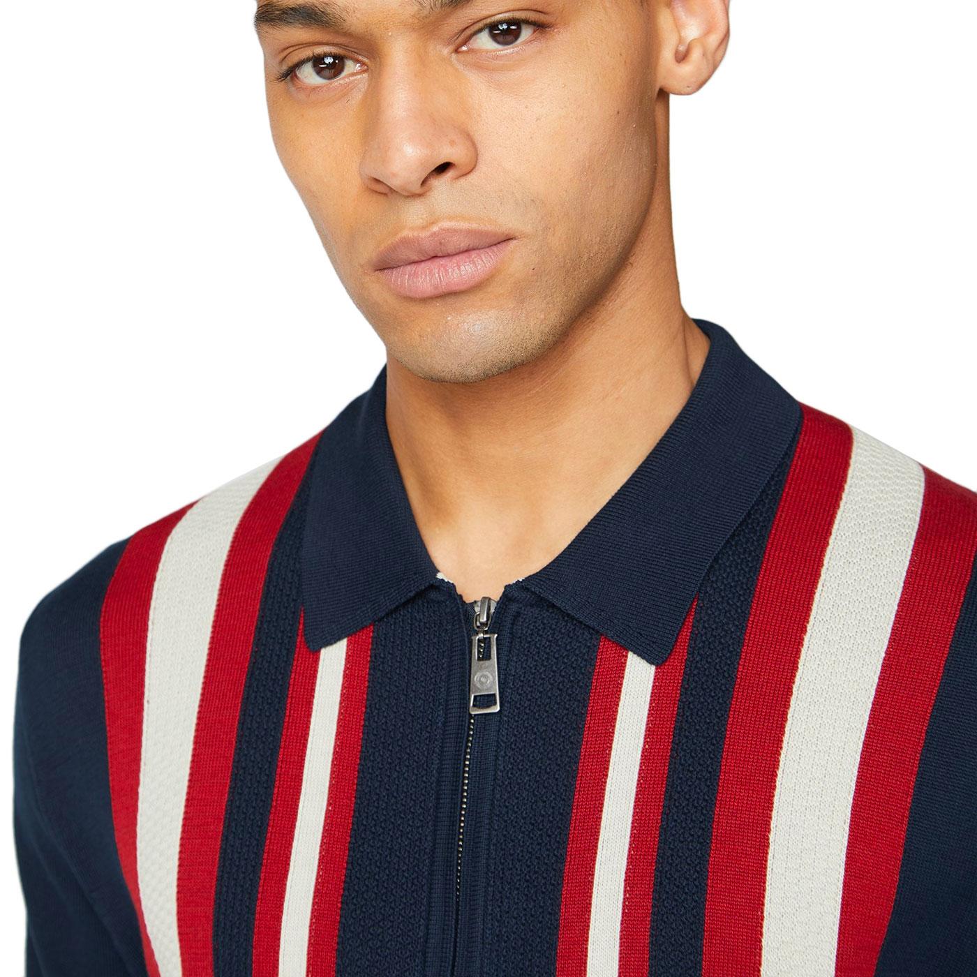 BEN SHERMAN Mod Textured Stripe Knit Zip Through Polo Top