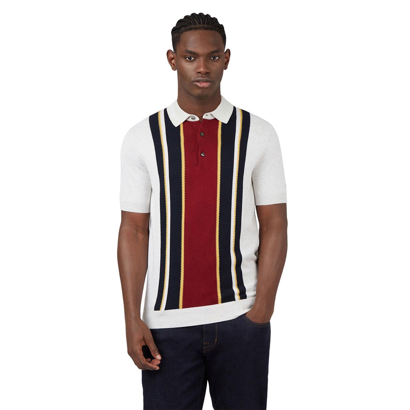 BEN SHERMAN Retro Mod Stripe Knitted Polo in Ivory