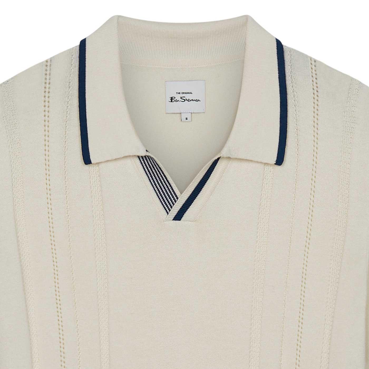 Ben Sherman Retro Open Neck Textured Stripe Polo Shirt Ivory