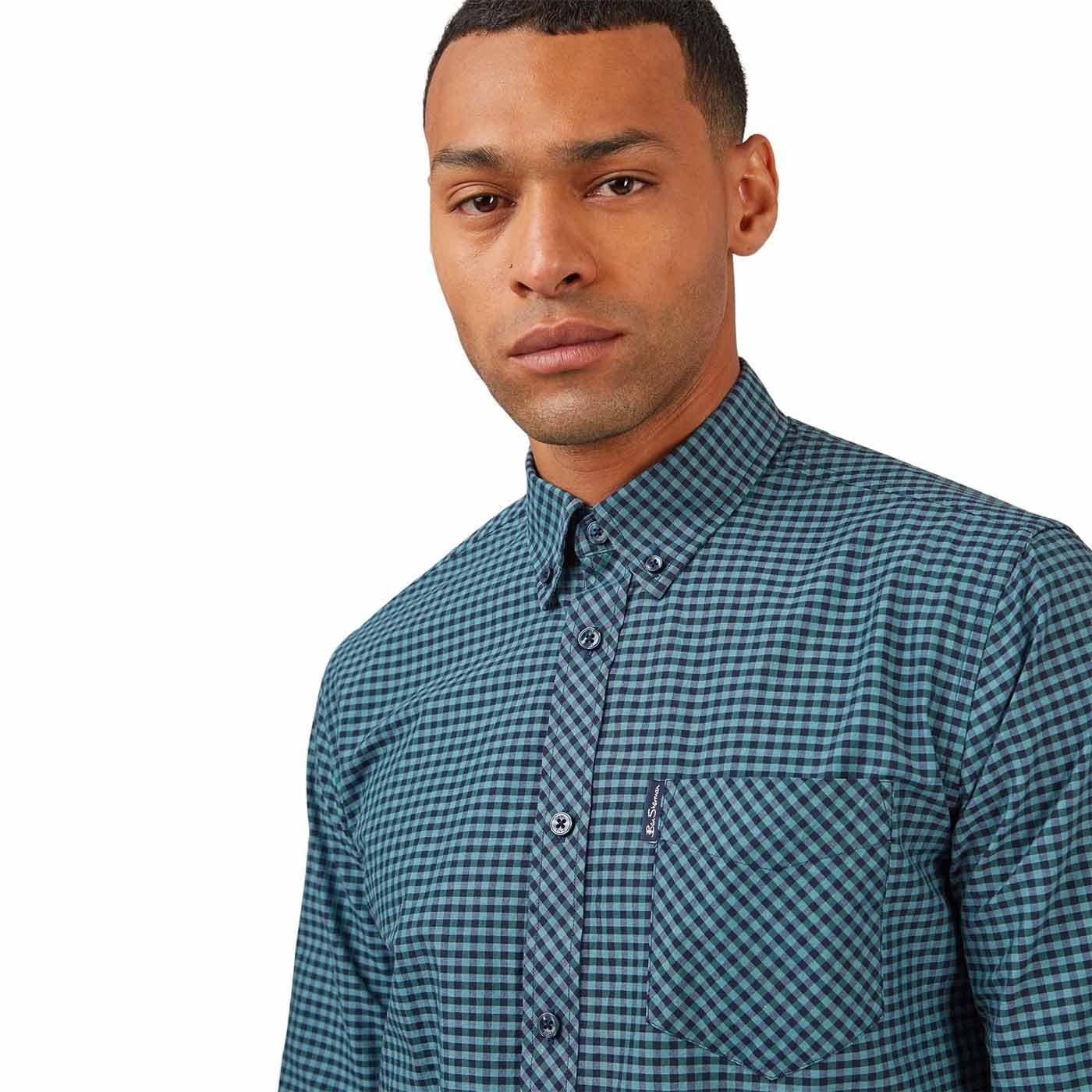 BEN SHERMAN 60s Mod Long Sleeve Gingham Shirt in Emerald