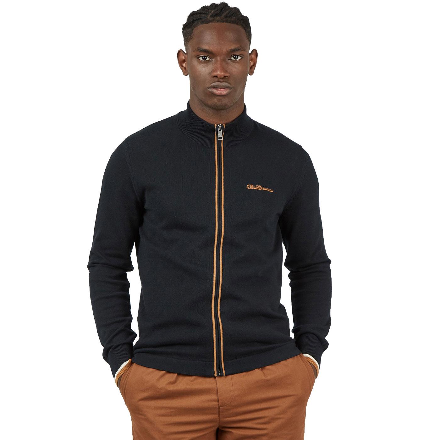 BEN SHERMAN Retro Knitted Sports Zip Through Top in Black