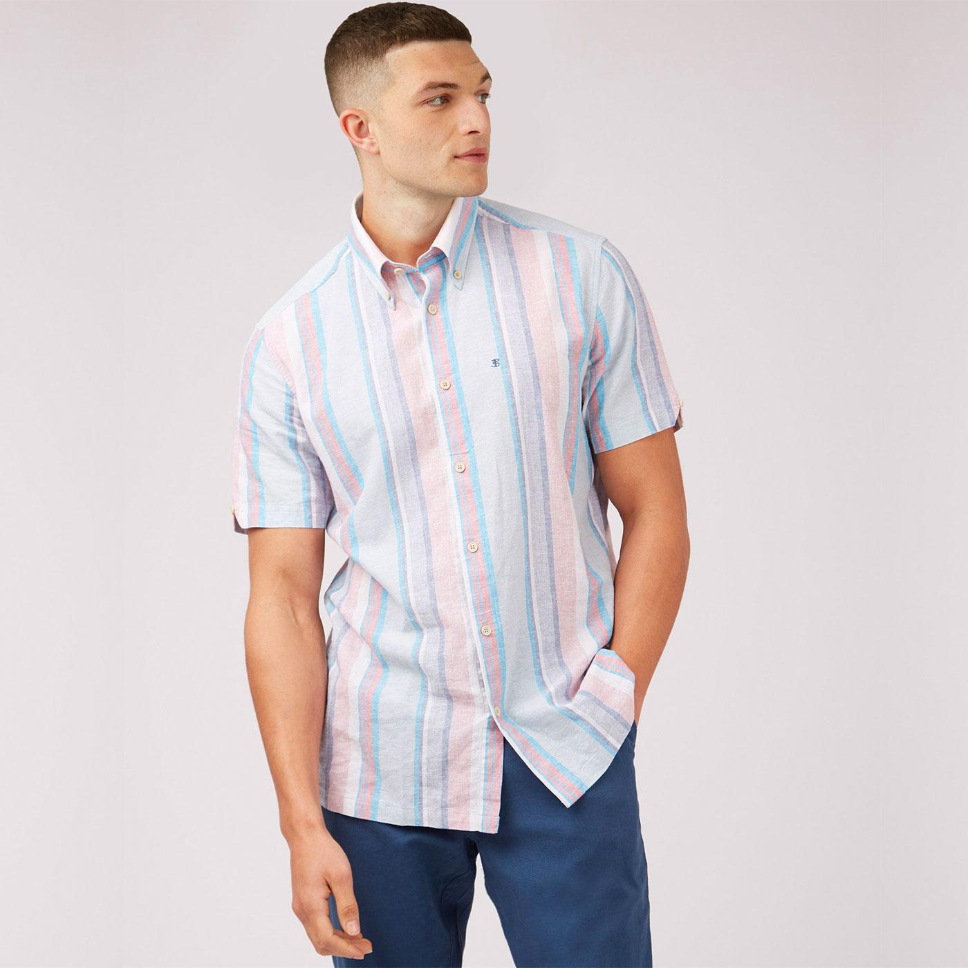 Ben Sherman Linen Retro Multicolour Stripe Shirt in Dusky Blue