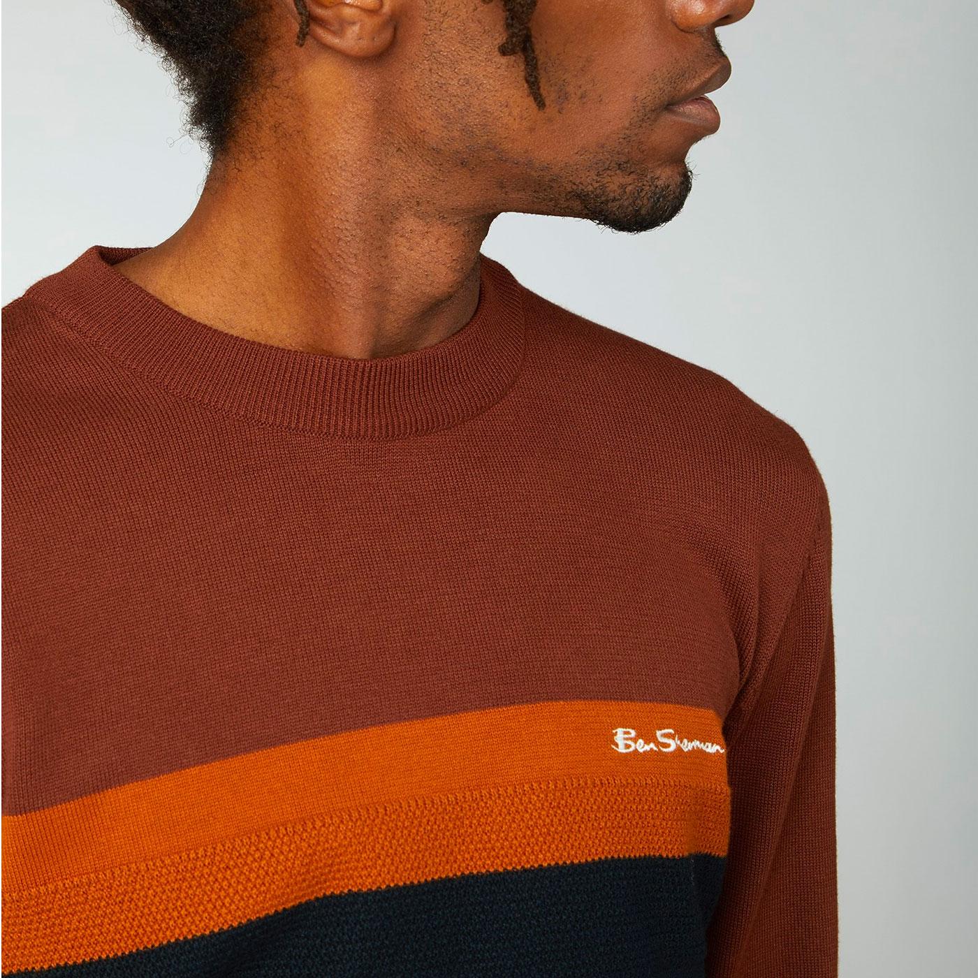 BEN SHERMAN Retro Mod Chest Stripe Knitted Jumper Coffee