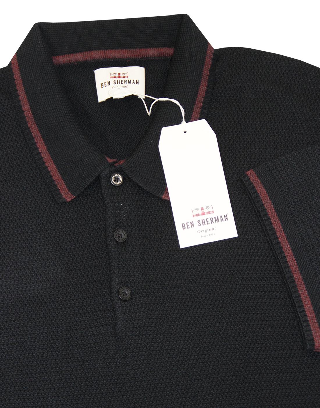BEN SHERMAN Retro 60s Mod Textured Knit Tipped Polo Shirt Black