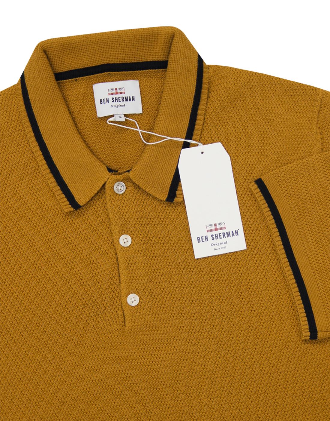 BEN SHERMAN Retro 60s Mod Textured Knit Tipped Polo Shirt Mustard