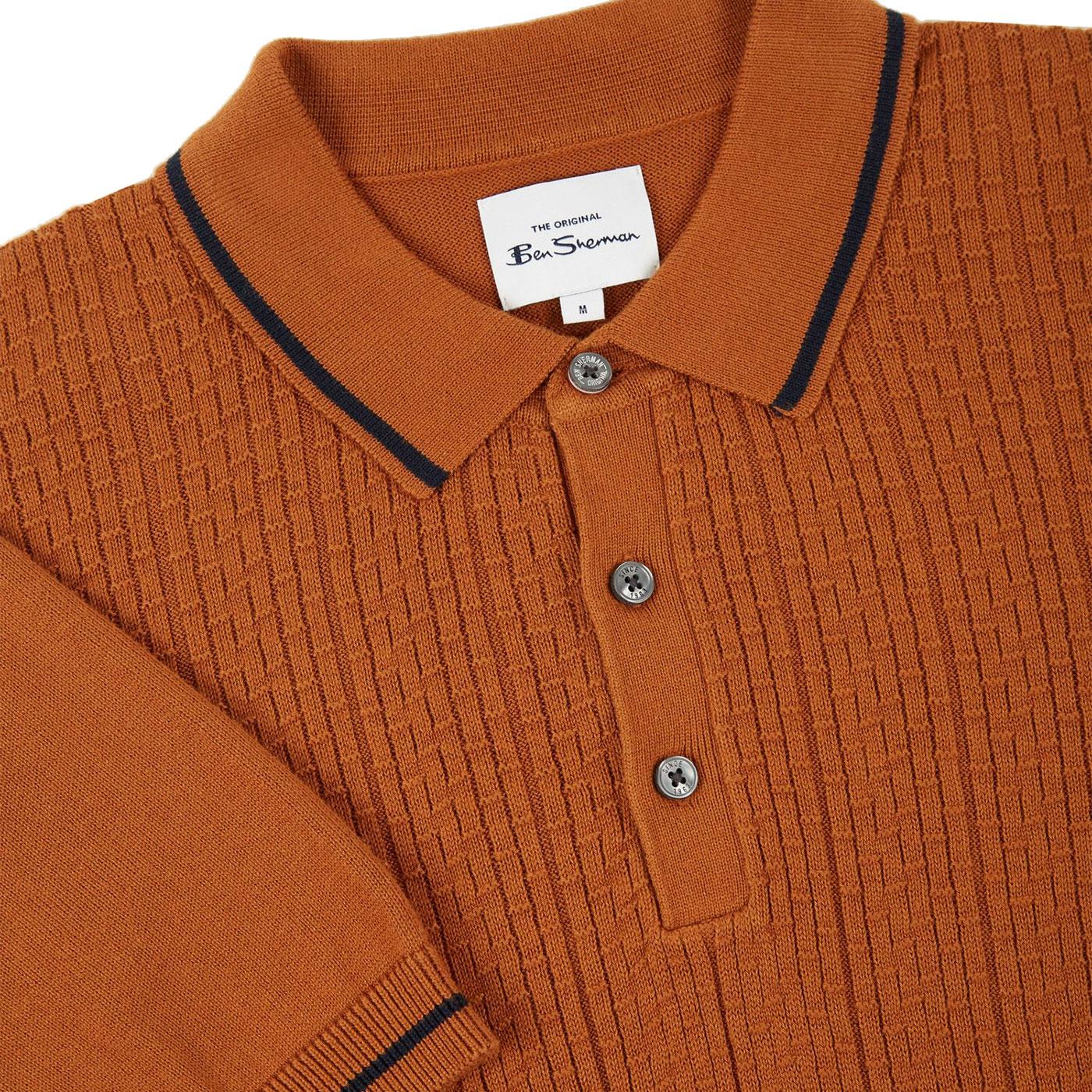 BEN SHERMAN Mod Knitted Texture Front Polo in Caramel