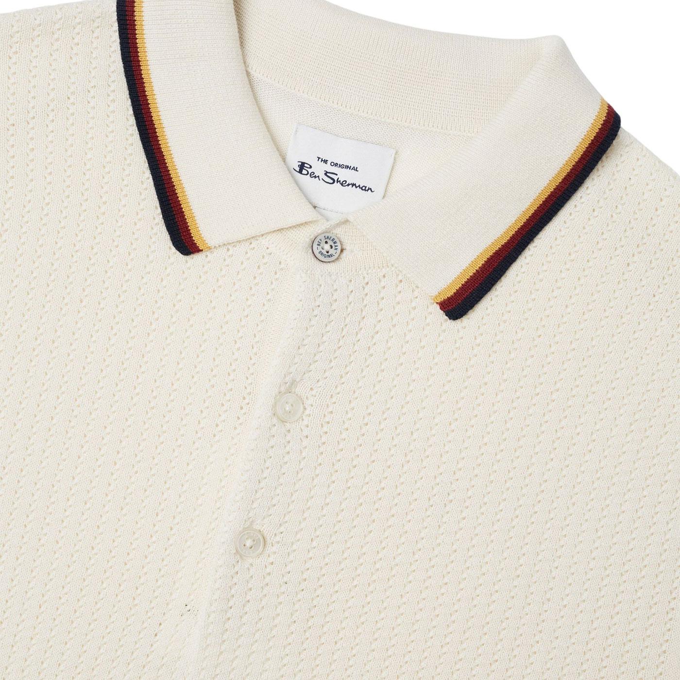 BEN SHERMAN Mens Retro Texture Knit Mod Polo Shirt in Ivory