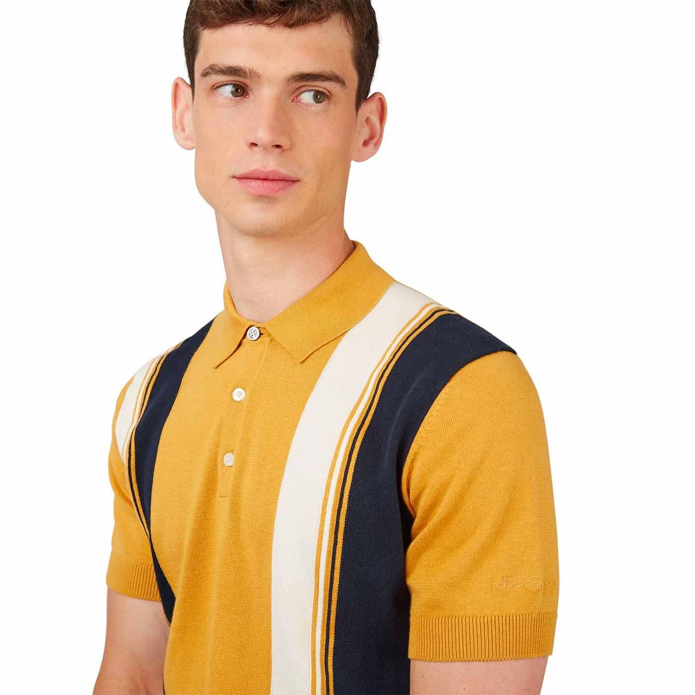 BEN SHERMAN 60s Mod Vertical Stripe Knit Polo Top Sunflower