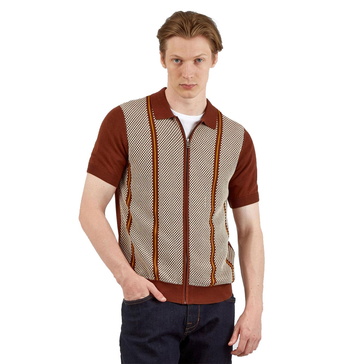 BEN SHERMAN Mod Jacqaurd Knit Zip Through Polo in Coffee
