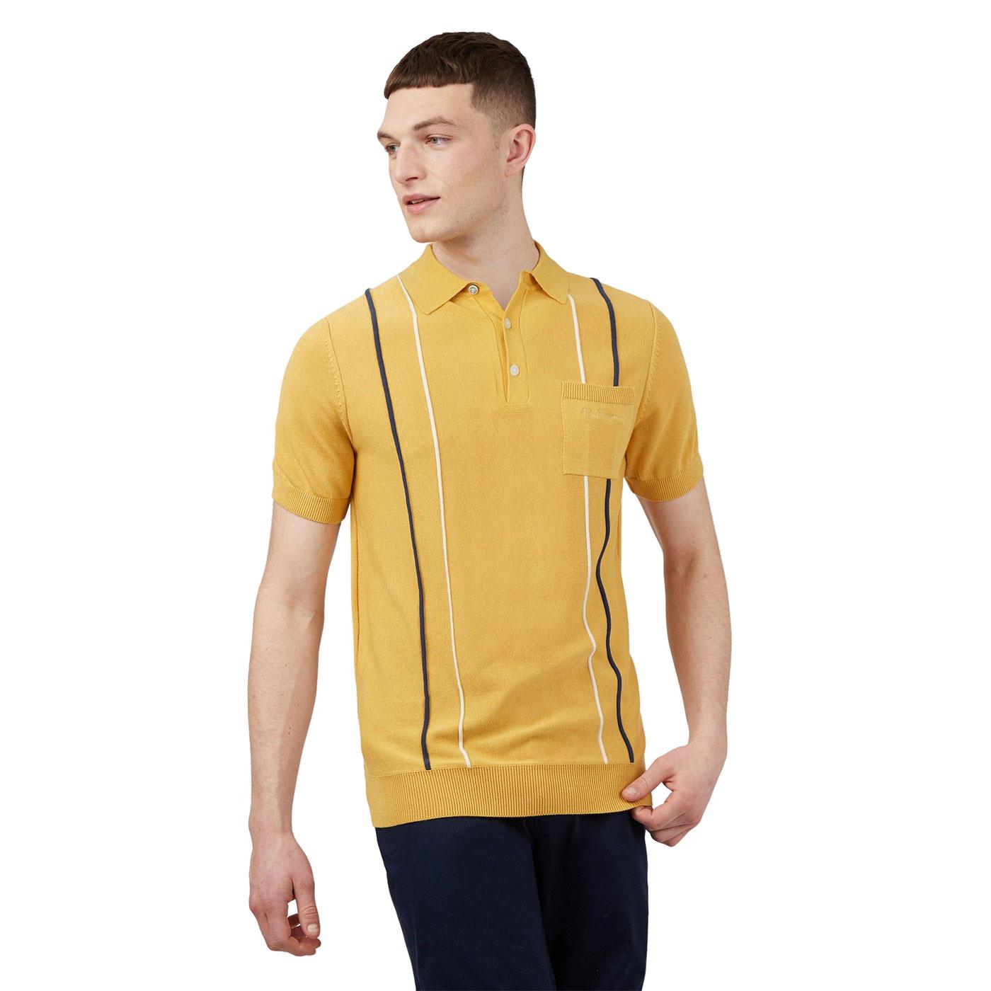 BEN SHERMAN Minimal Stripe Knitted Mod Polo in Butterscotch