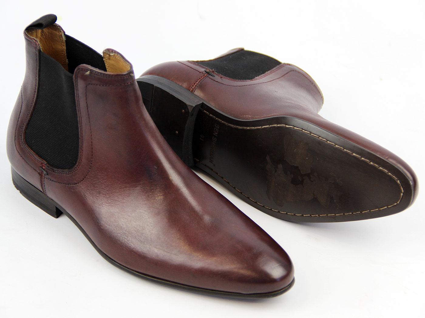 BEN SHERMAN Enox Retro 60s Mod Leather Chelsea Boots in Burgundy
