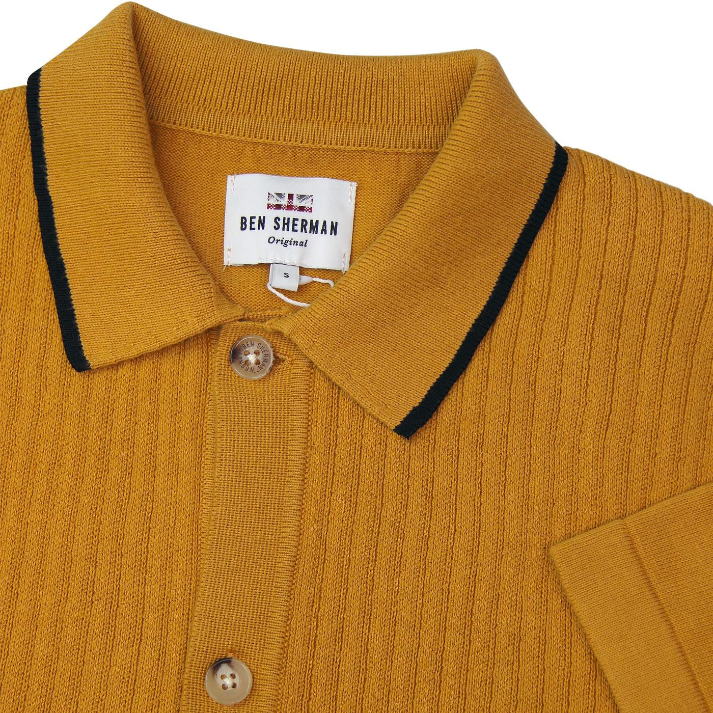BEN SHERMAN 1960s Mod Ribbed Knit Button Up Polo Yellow