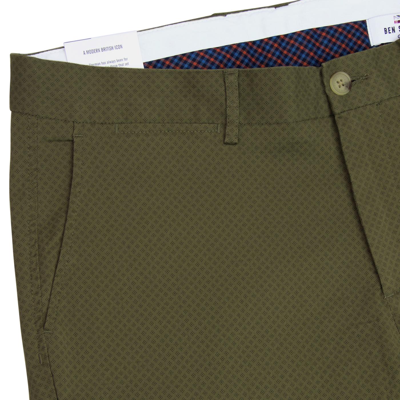 BEN SHERMAN Retro 60s Mod Geo Print Slim Trousers Olive