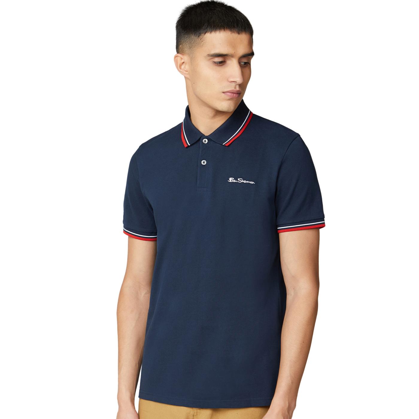 BEN SHERMAN Retro Mod Tipped Signature Polo Top in Navy