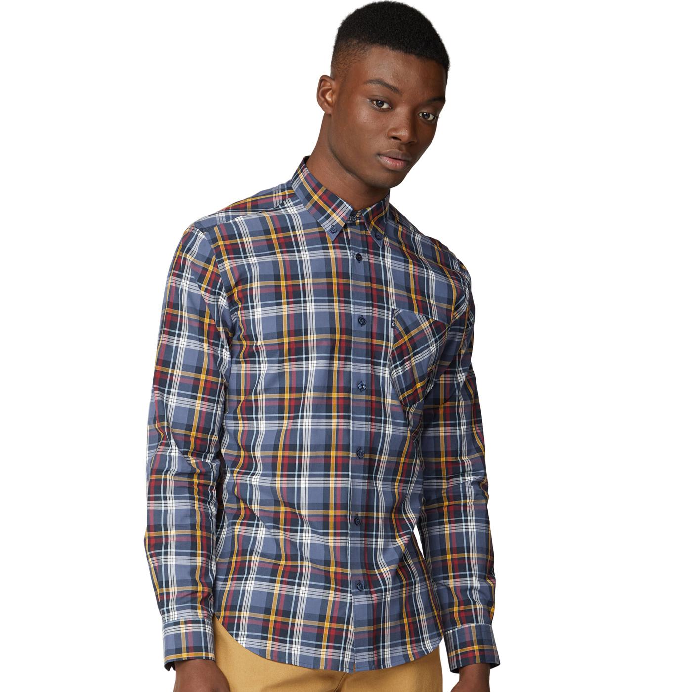 BEN SHERMAN Mod Long Sleeve Textured Check Shirt in Navy