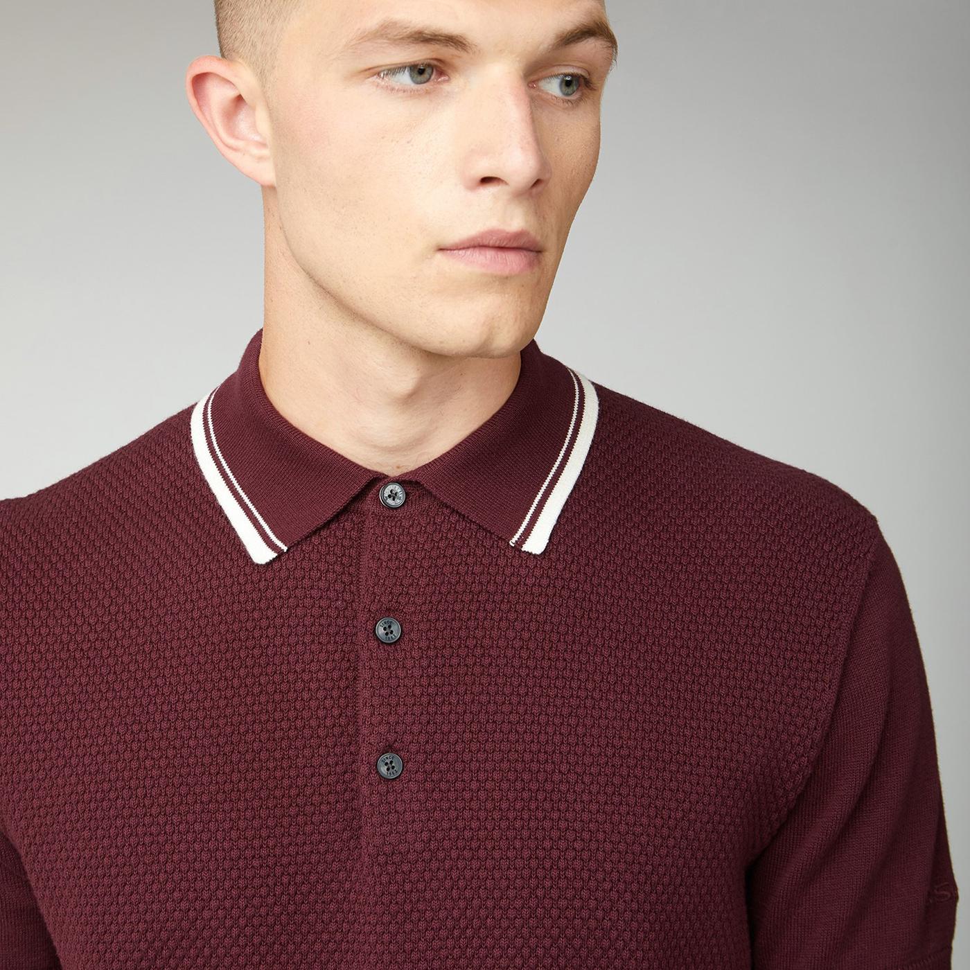 BEN SHERMAN Mod Waffle Textured Knit Polo Top in Port