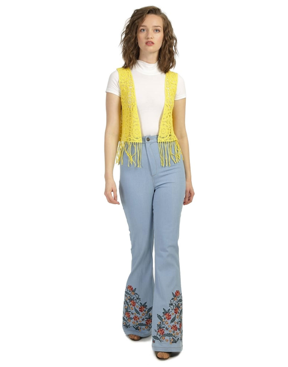 BRIGHT & BEAUTIFUL Donna Retro 60s Embroidered Denim Flares