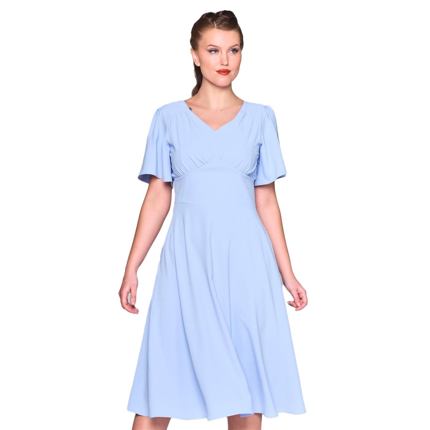 Collectif London Alex Retro 40s V-neck Midi Tea Dress Light Blue