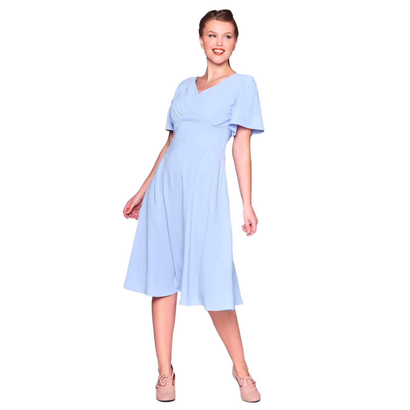 Collectif London Alex Retro 40s V-neck Midi Tea Dress Light Blue