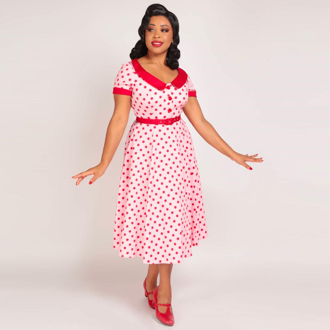 COLLECTIF Dora Retro 50s Polka Dot Swing Dress in Pink