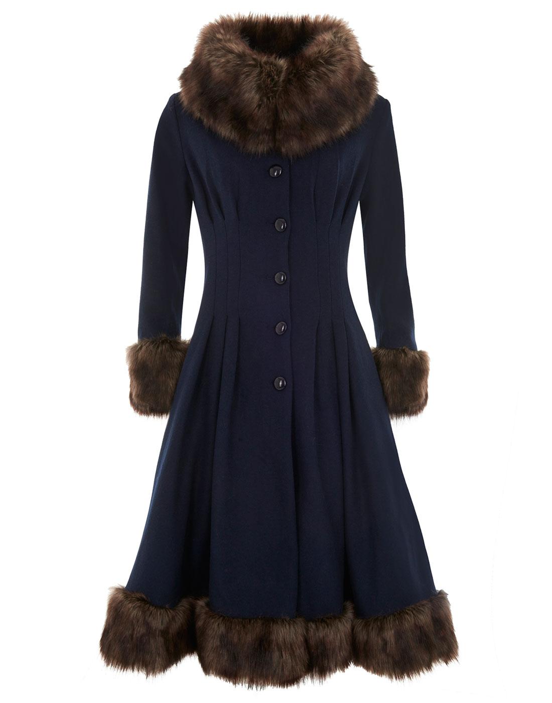 COLLECTIF Pearl Vintage Retro 50s Faux Fur Coat In Navy