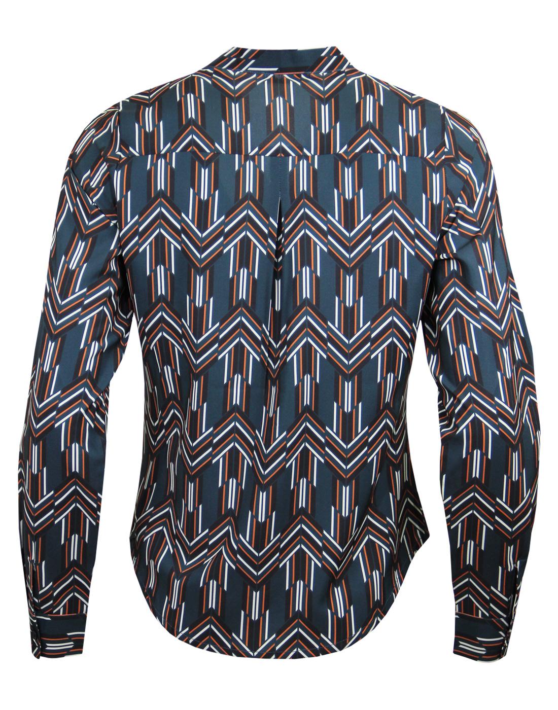 DARLING Harley Retro 70s Herringbone Op Art V-neck Shirt in Blue