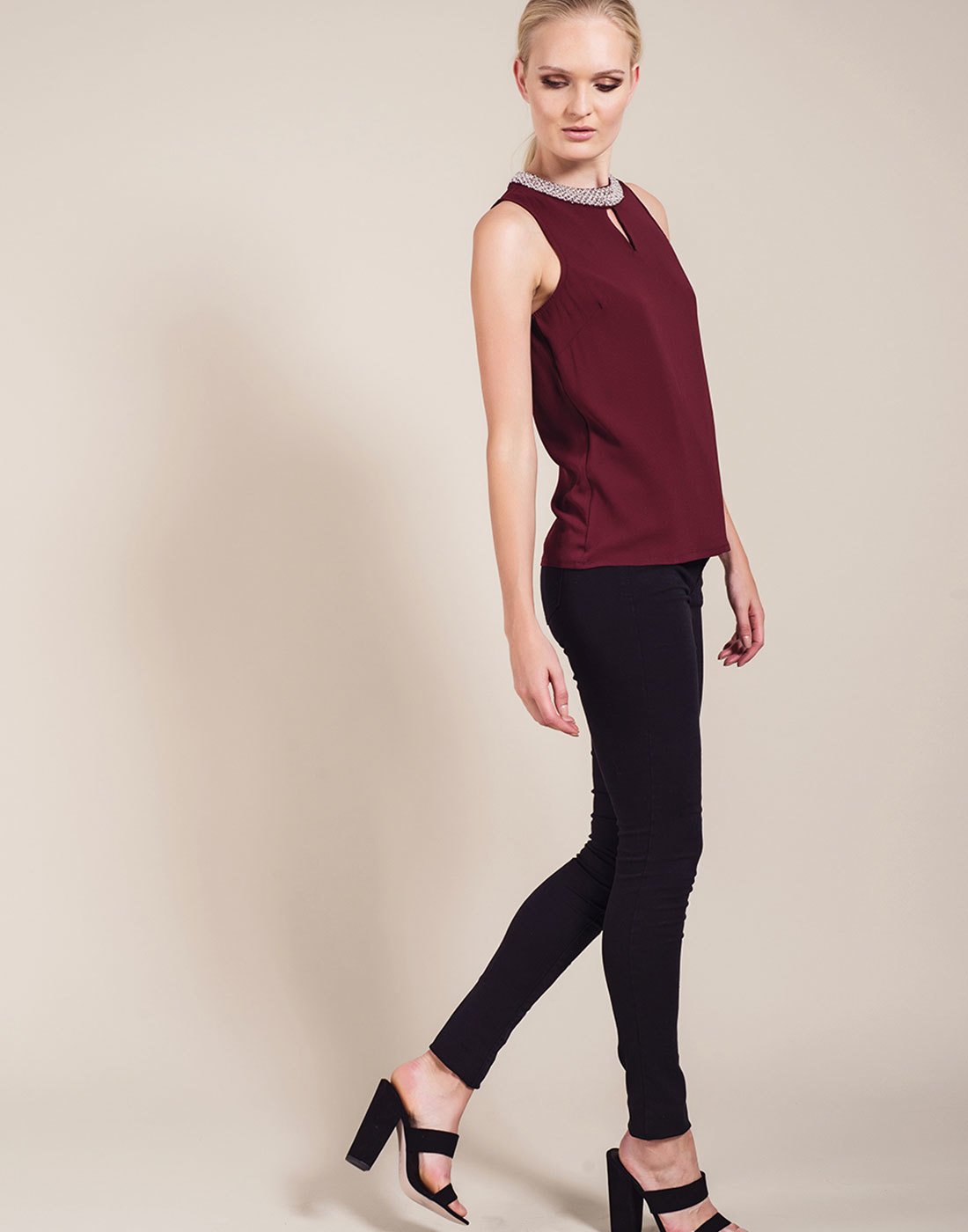 DARLING Irene Retro Vintage Style Women's Crepe Top in Burgundy