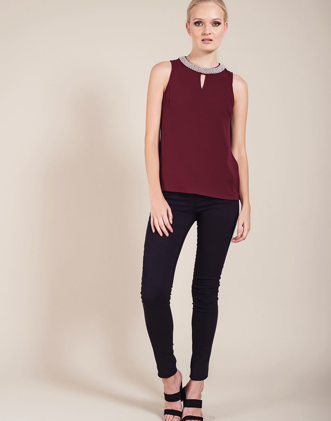 DARLING Irene Retro Vintage Style Women's Crepe Top in Burgundy