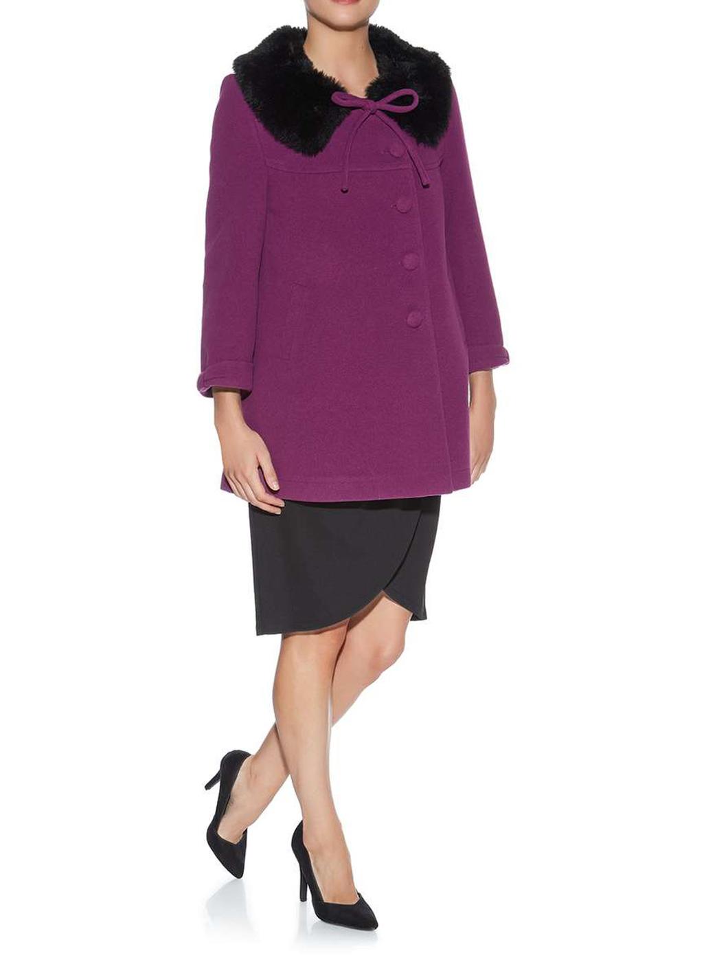 DARLING Vanessa Retro 60s Mod Faux Fur Collar Bow Coat in Plum