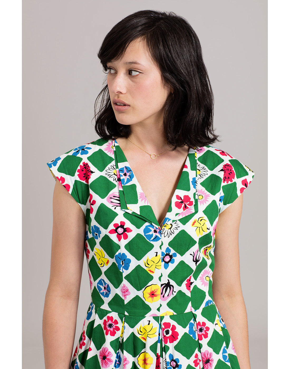 EMILY AND FIN Annie Retro 1950s Vintage Floral Lapel Dress Green