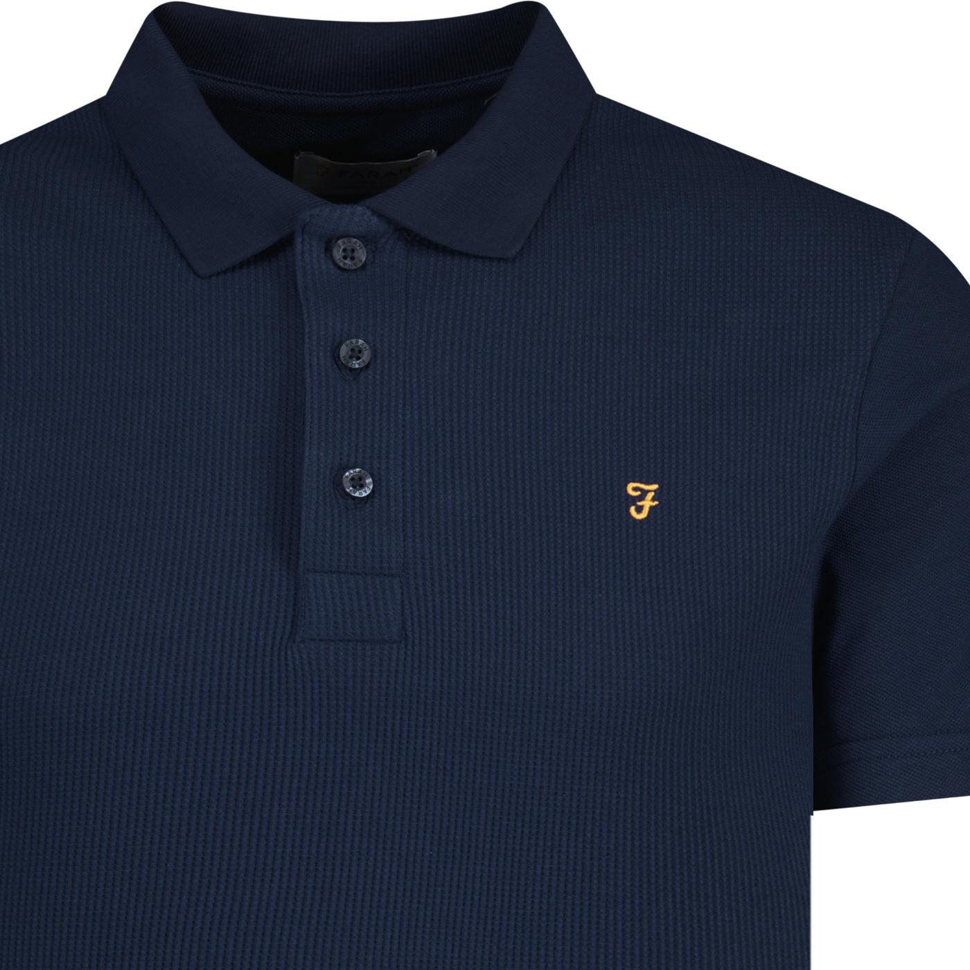 Forster Farah Vintage Textured Retro Panel Polo Shirt in Indigo