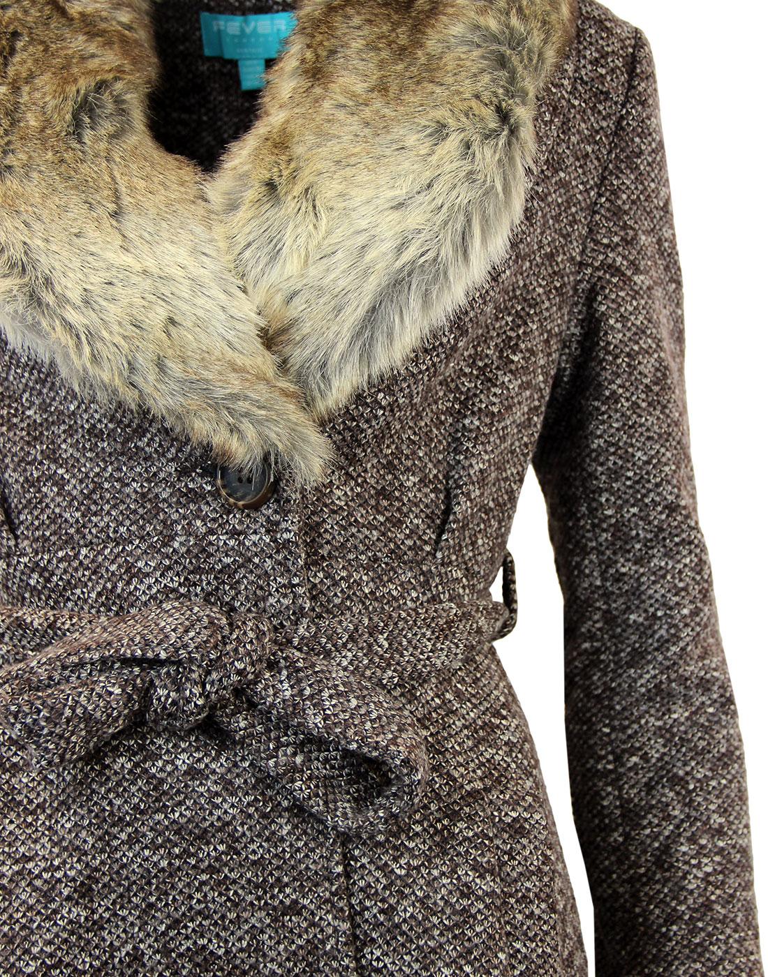 FEVER Manhattan Retro 60s Faux Fur Collar Belted Tweed Coat Brown