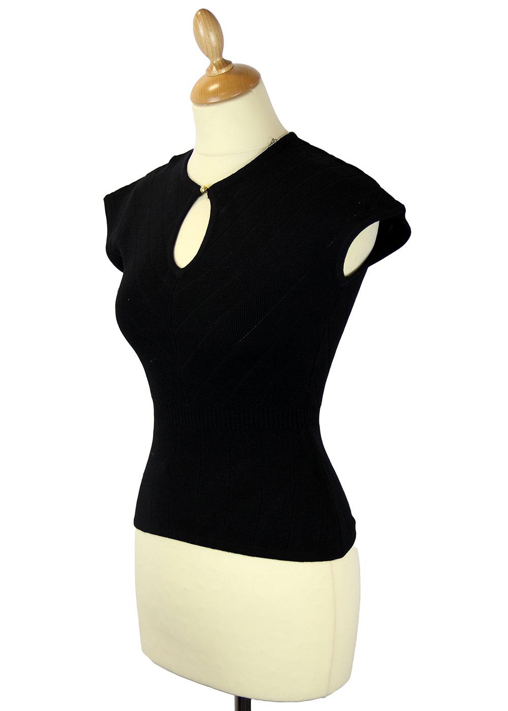 FEVER Retro 1960s Mod Chevron Keyhole Knit Top in Black