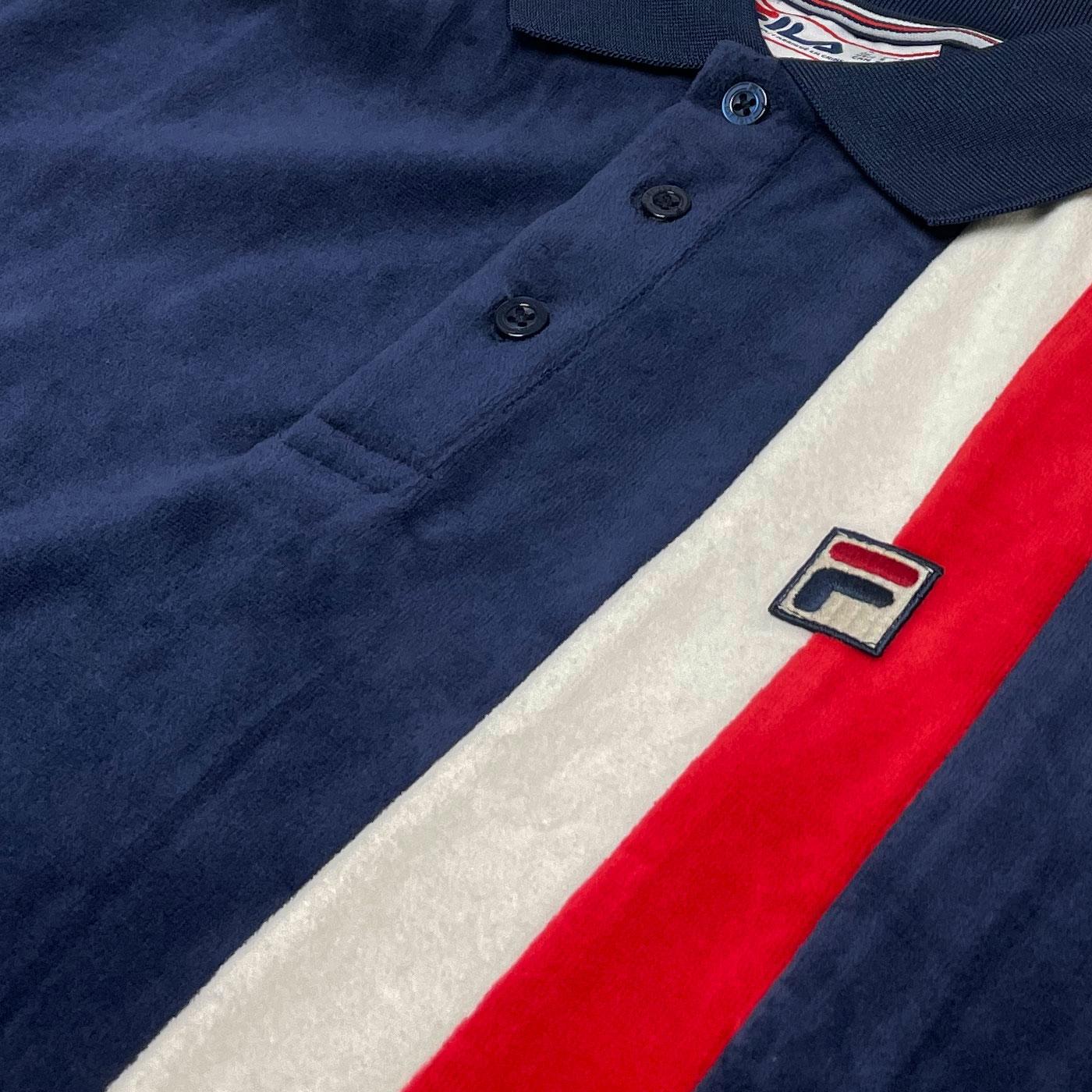 Fila Vintage Terra Racing Stripe Retro Velour Polo Shirt in Navy