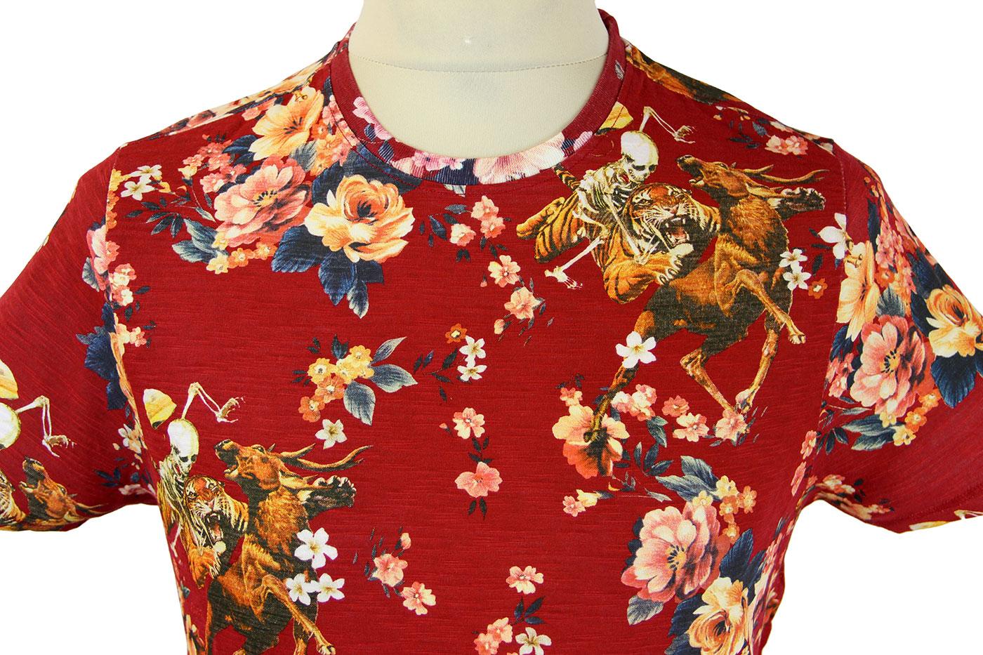 FLY53 Crimson Ghost Retro 70s Indie Floral Tiger Print Tee Red