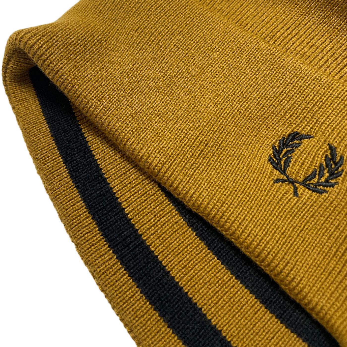 Fred Perry Merino Wool Retro Fold Over Beanie Dark Caramel Black