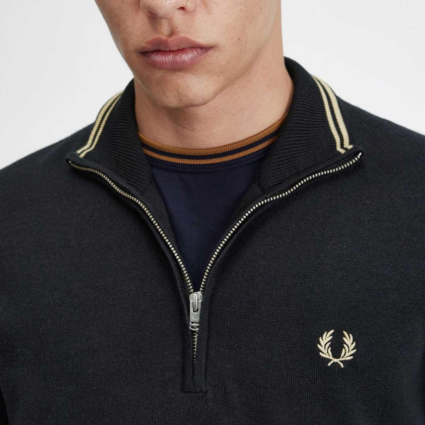 Fred Perry Classic Half Zip Funnel Neck Merino Jumper in Black