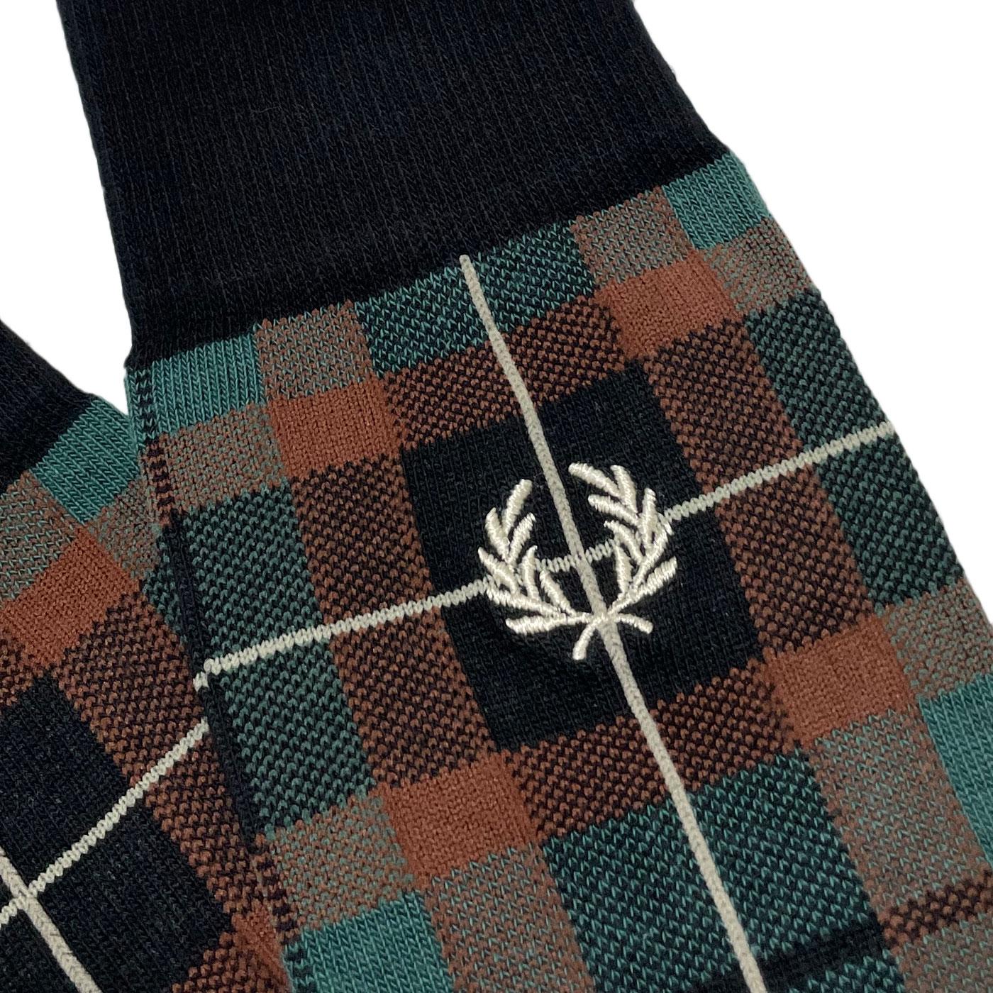 Fred Perry Men's Retro Tartan Crew Socks in Deep Mint Ecru