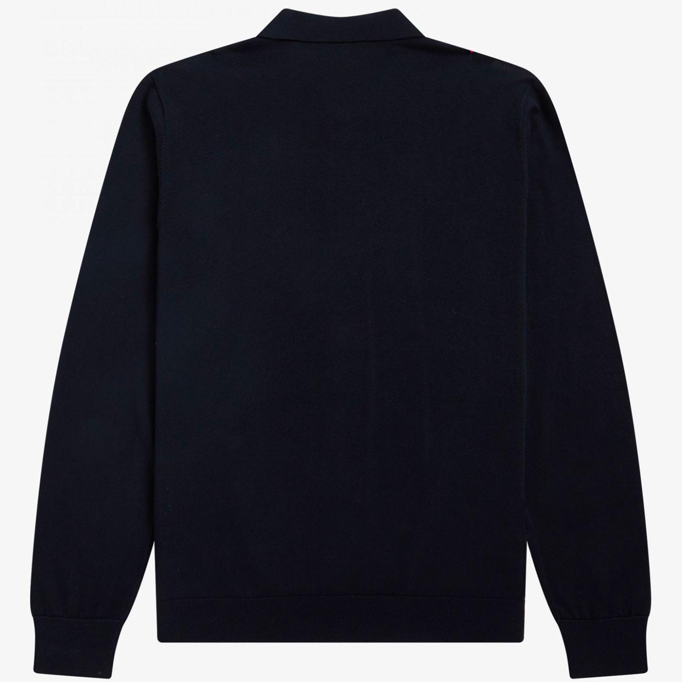 FRED PERRY 60s Mod Striped Knit Zip Polo Cardigan in Navy