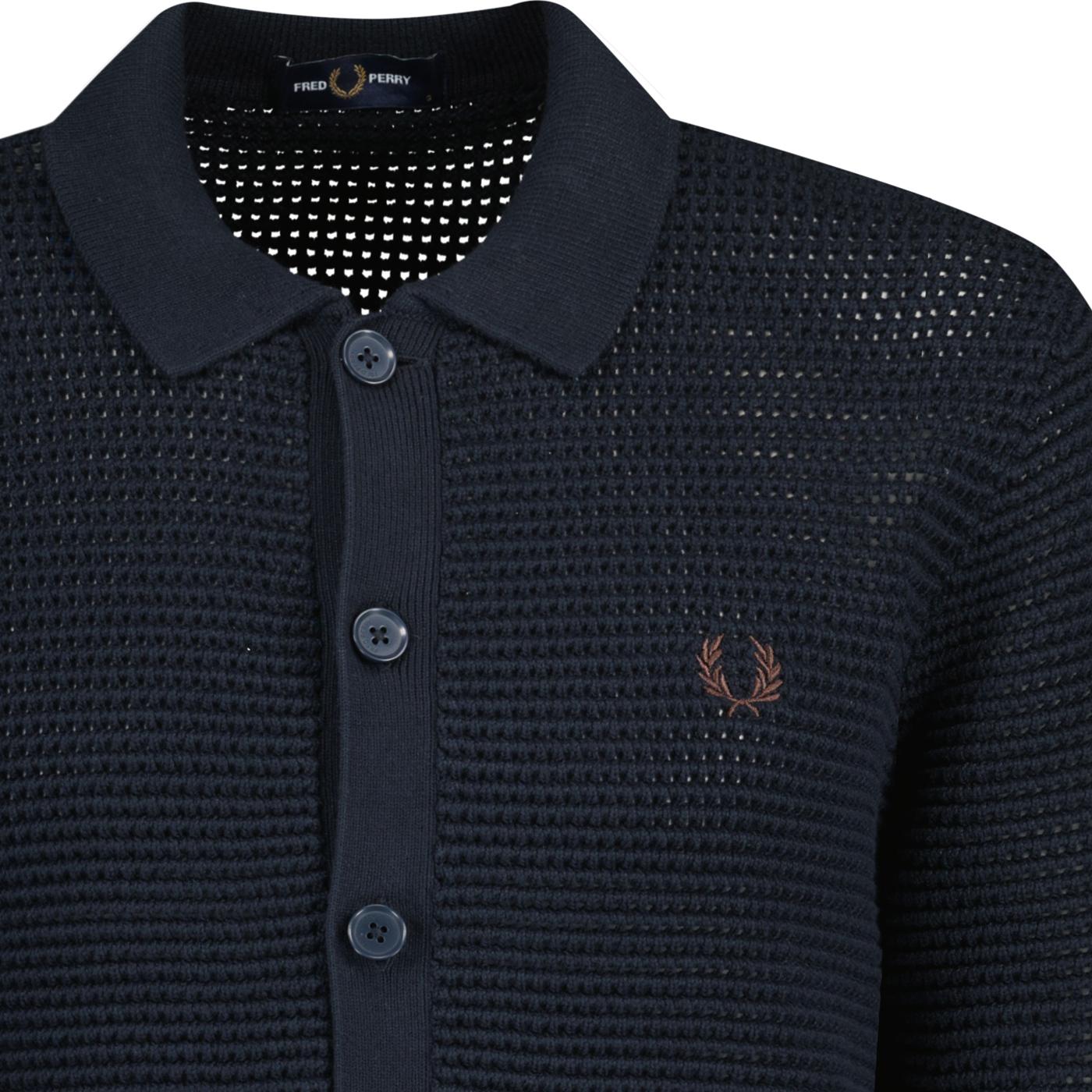 Fred Perry Men's Pointelle Knit Retro Shirt Collar Cardigan Navy