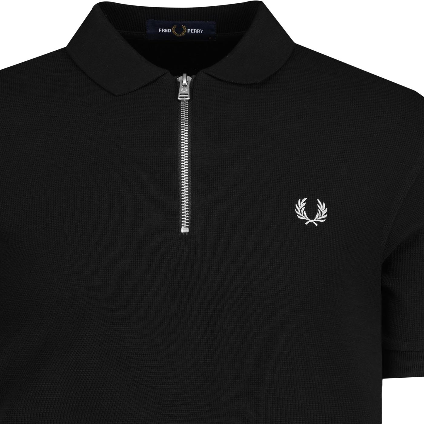 Fred Perry Quarter Zip Waffle Textured Retro Polo Shirt in Black