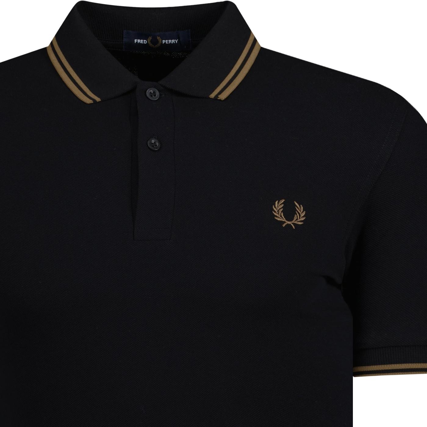 FRED PERRY M3600 Twin Tipped Polo Top in Black & Shaded Stone.
