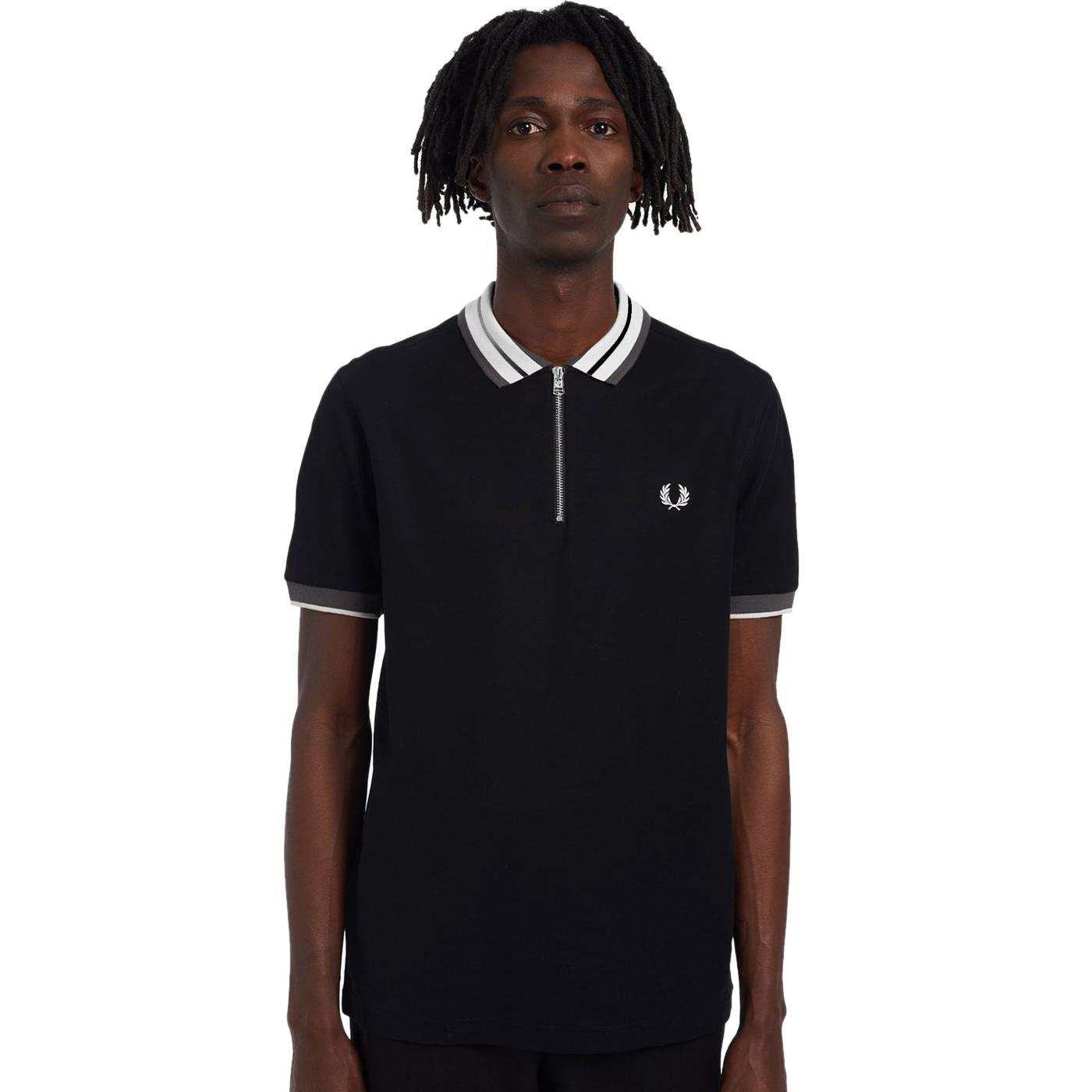 FRED PERRY Retro Mod Bold Tipped Zip Neck Polo Shirt Black